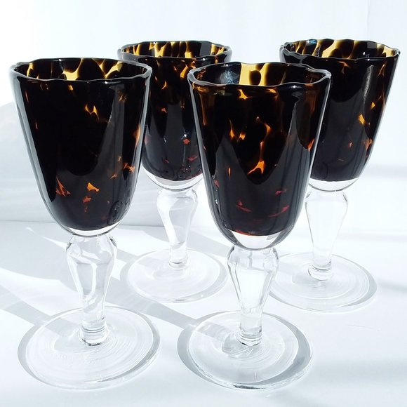 Dining | 4 Hand Blown Glass Goblets Tortoise Shell Scallop Edge Bulbous ...